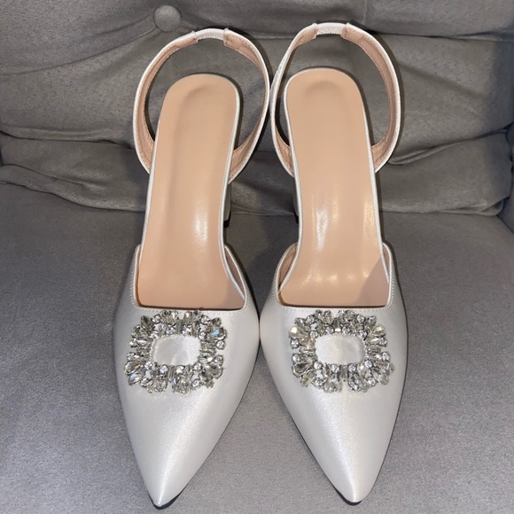 Shoes | White Rhinestone Decor Satin Slingbacks Pump | Poshmark